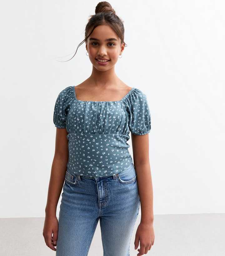 Blue Ditsy Floral Ribbed Puff Sleeve Top | New Look
