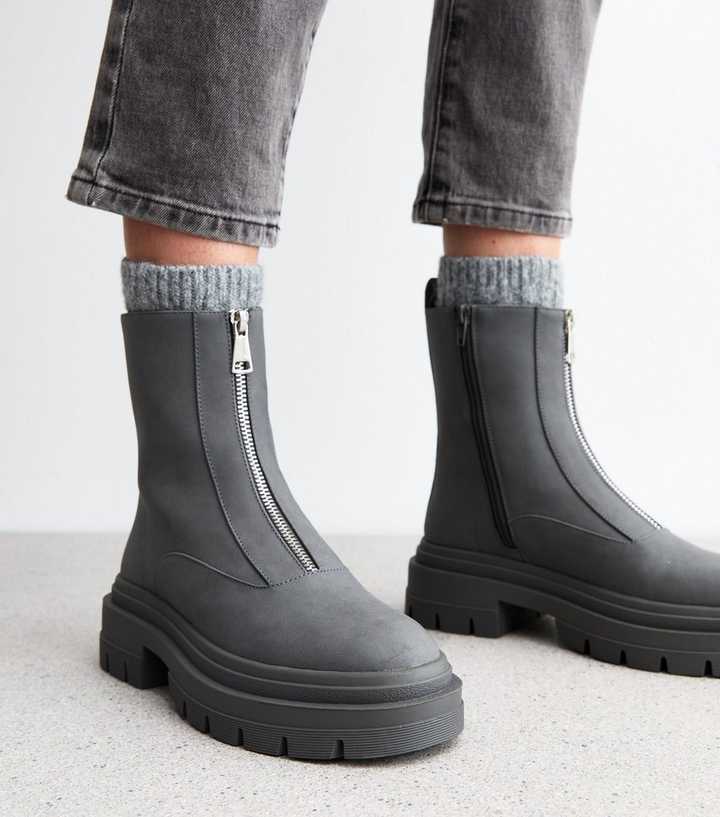 Grey Chunky Zipped Ankle Boots | New Look