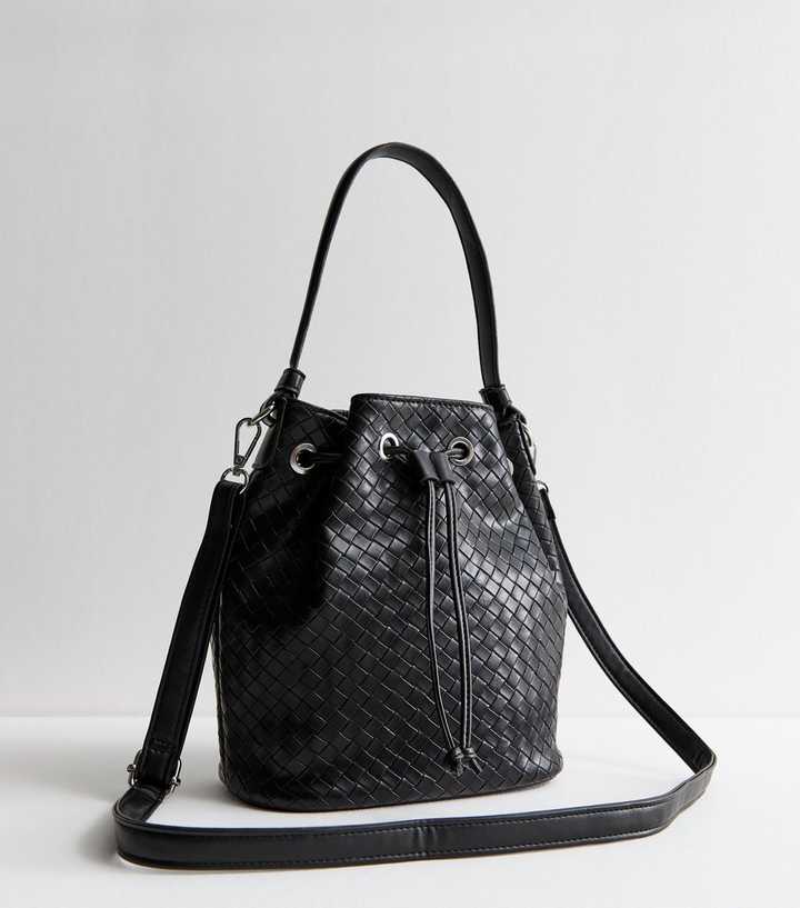 Black Leather Look Woven Bucket Bag | New Look