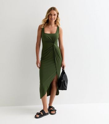Green Ribbed Front-Knot Midi Dress | New Look