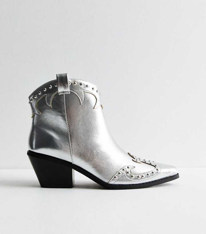 Silver Faux Leather Studded Cowboy Boots | New Look