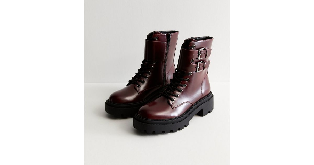 Burgundy Leather-Look Lace Up Chunky Boots | New Look