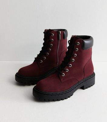 Burgundy Faux Leather Lace Up Boots | New Look
