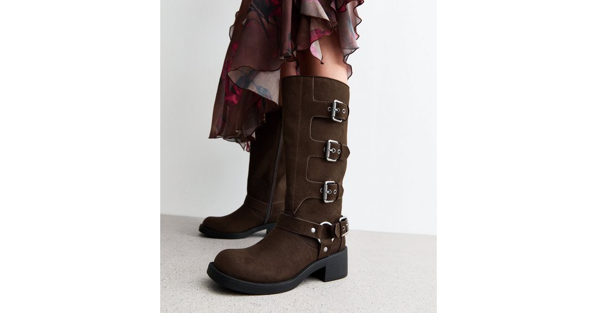 Brown Buckled Faux Suede Knee High Boots | New Look