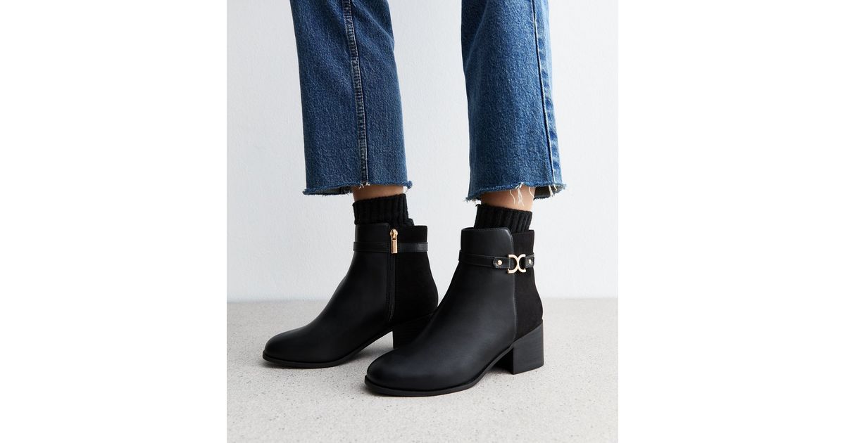 Wide Fit Black Leather-Look Block Heel Ankle Boots | New Look