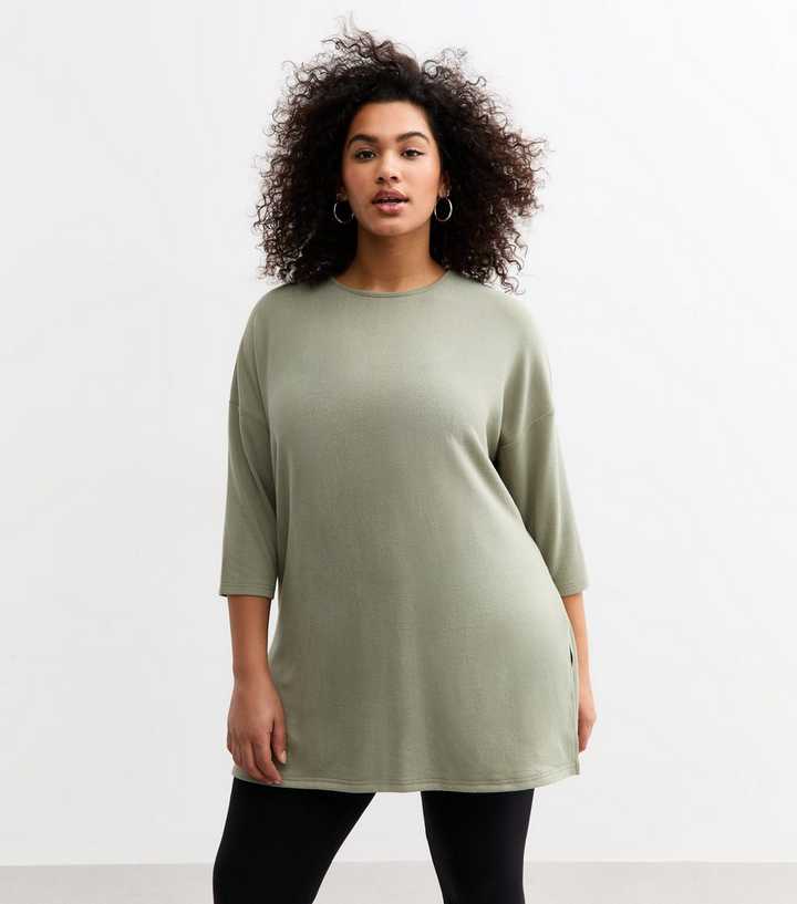 Curves Olive Green Soft Touch Slit Hem Top | New Look