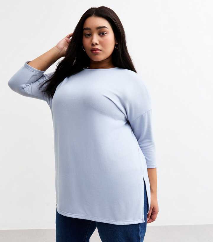 Curves Blue Soft Touch Slit Hem Top | New Look