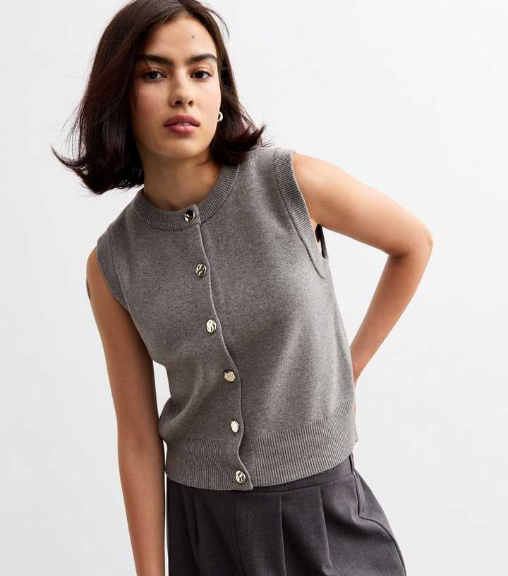 Grey Crew Neck Button Through Knitted Waistcoat | New Look
