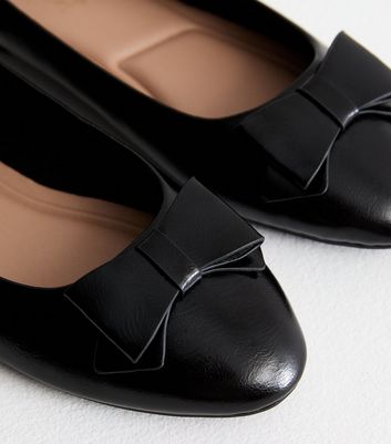 Black Leather-Look Bow Toe Cap Ballet Pump Shoes | New Look