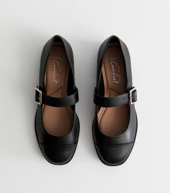 Wide Fit Black Leather-Look Mary Jane Shoes | New Look