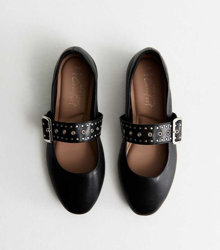Wide Fit Black Stud Strap Shoes | New Look