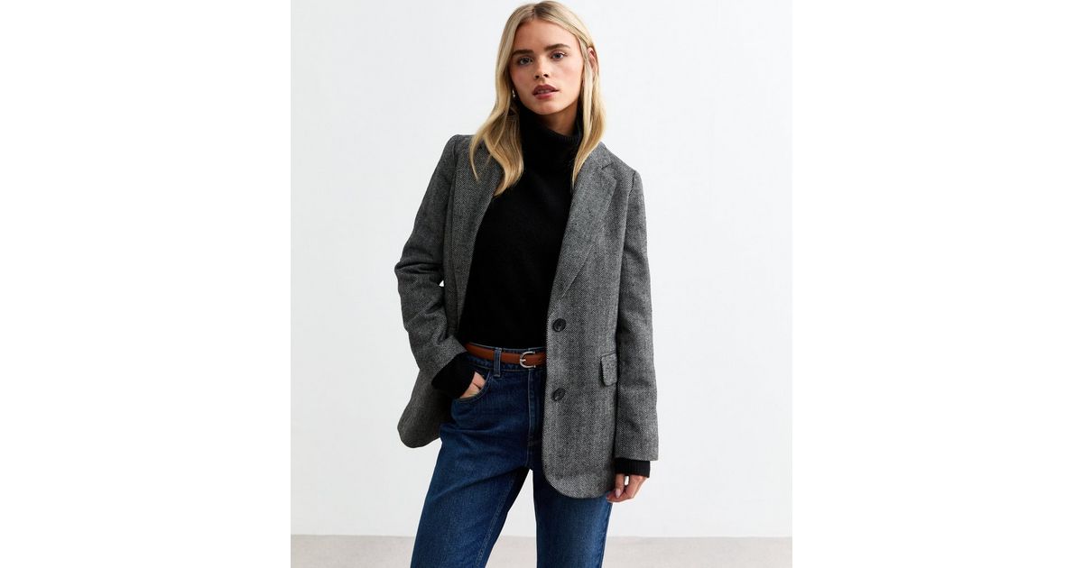 Petite Black Boxy Herringbone Blazer | New Look