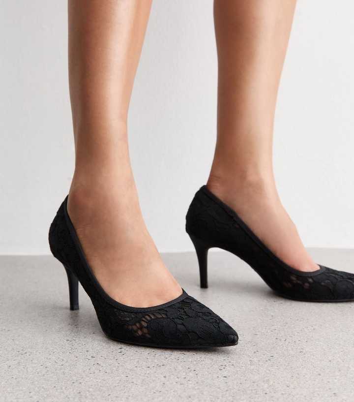 Black Lace Stiletto Heel Court Shoes | New Look