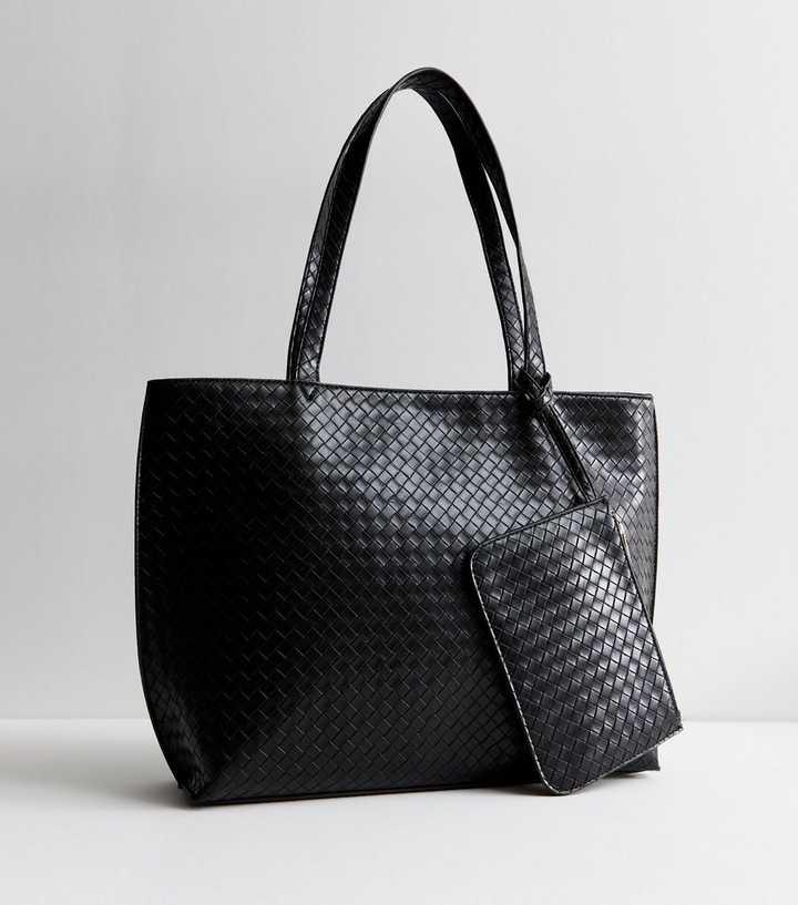Black Leather-Look Woven Tote Bag and Pouch | New Look