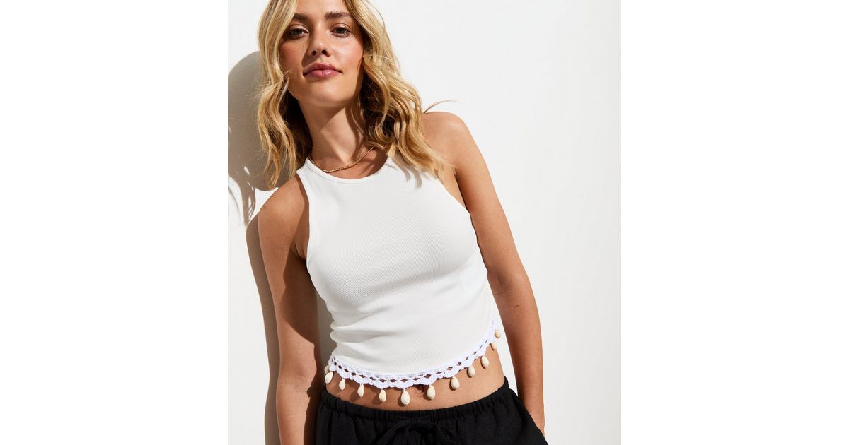 ONLY White Ribbed Shell Trim Sleeveless Top | New Look