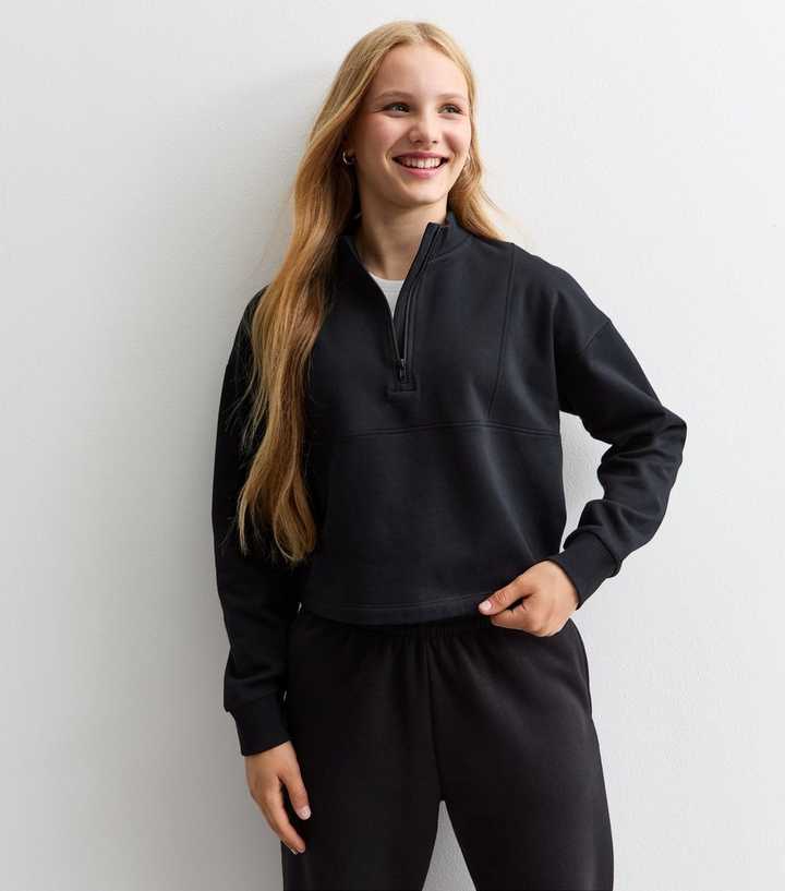 Girls Black Cotton Blend Half Zip Sweatshirt | New Look