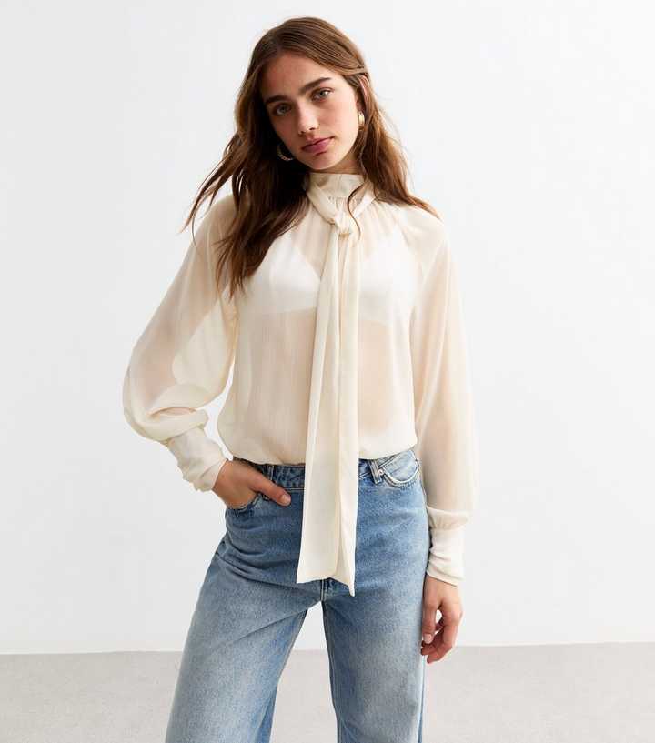 Off White Chiffon Bow Collar Blouse | New Look