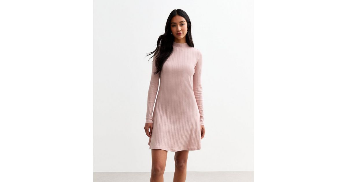 Pale Pink Ribbed Long Sleeve Skater Mini Dress | New Look