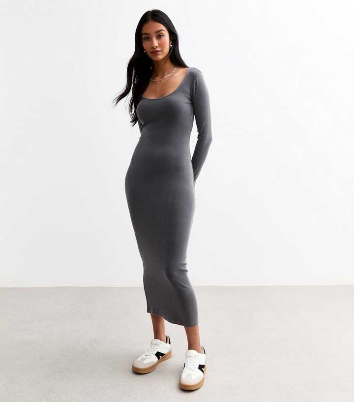 Dark Grey Acid Wash Long Sleeve Midi Dress | New Look