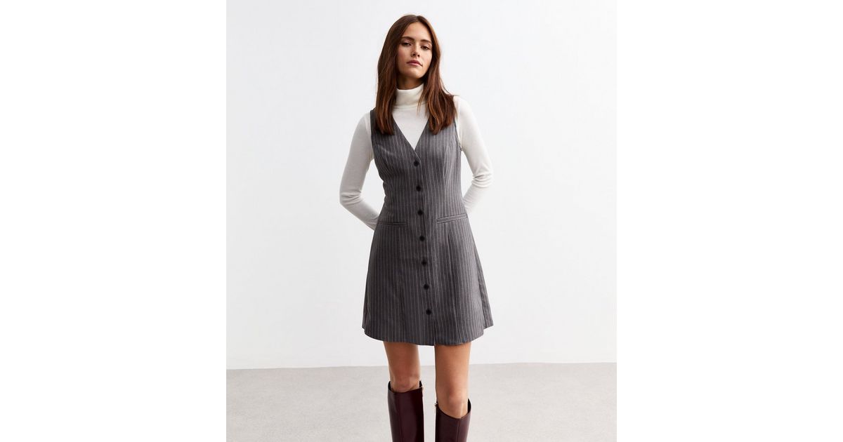Grey Pinstripe Waistcoat Pinafore Dress | New Look