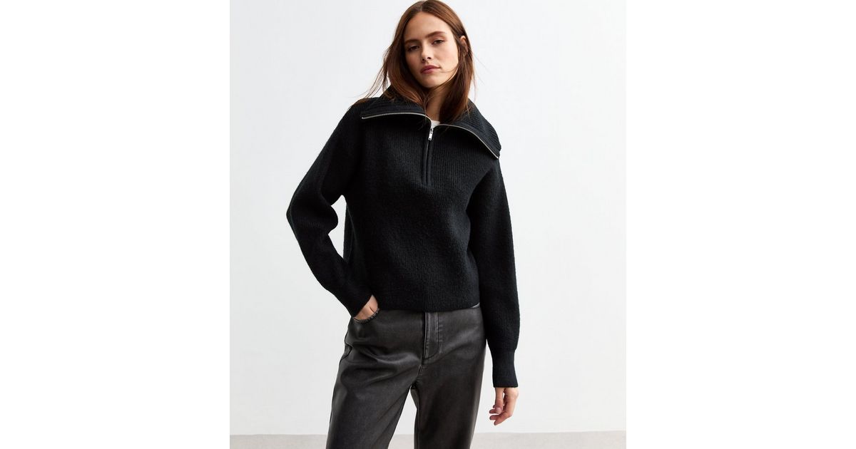Black Ribbed Knit Half Zip Jumper | New Look