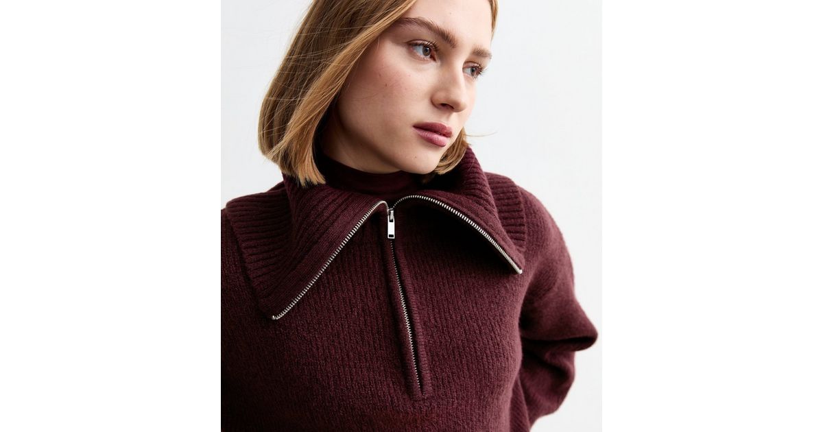 Burgundy Ribbed Knit Half Zip Jumper | New Look
