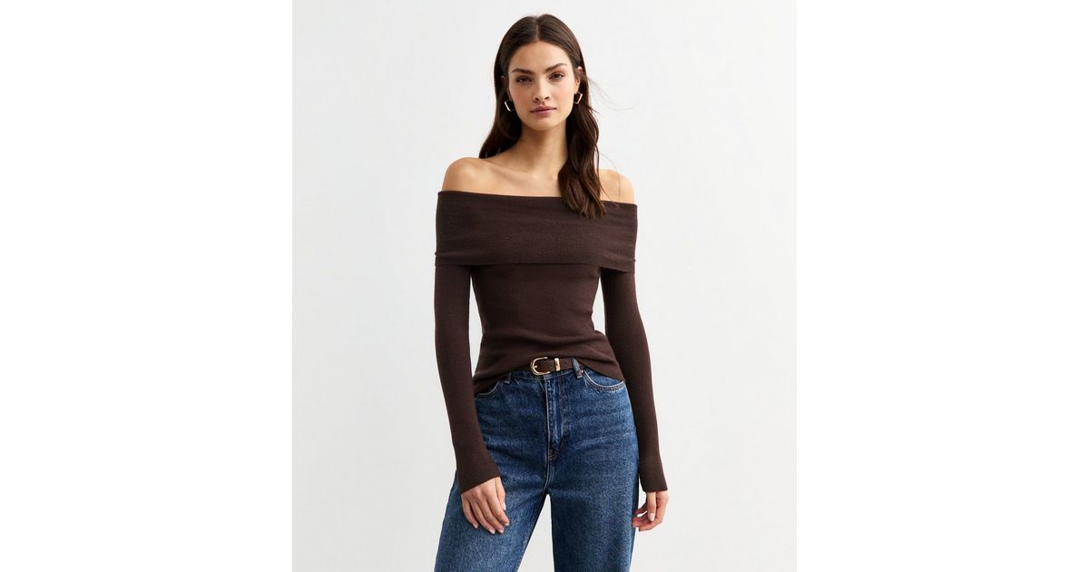 Dark Brown Ribbed Knit Bardot Top | New Look