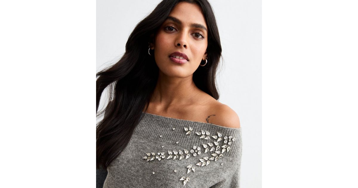Grey Embellished Off Shoulder Bardot Jumper | New Look