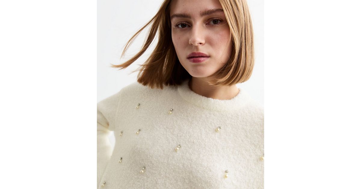 Off White Faux Pearl Embellished Bouclè Jumper | New Look