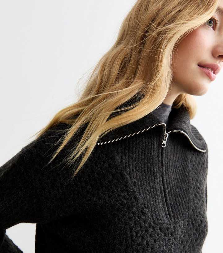 Grey Mesh Stitch Zip Front Jumper | New Look
