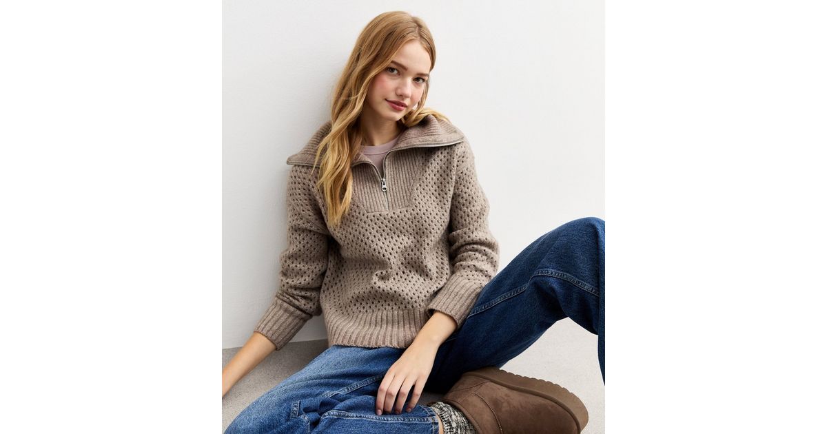Mink Mesh Stitch Zip Front Jumper | New Look