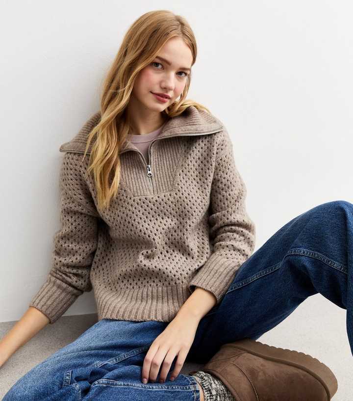 Mink Mesh Stitch Zip Front Jumper | New Look