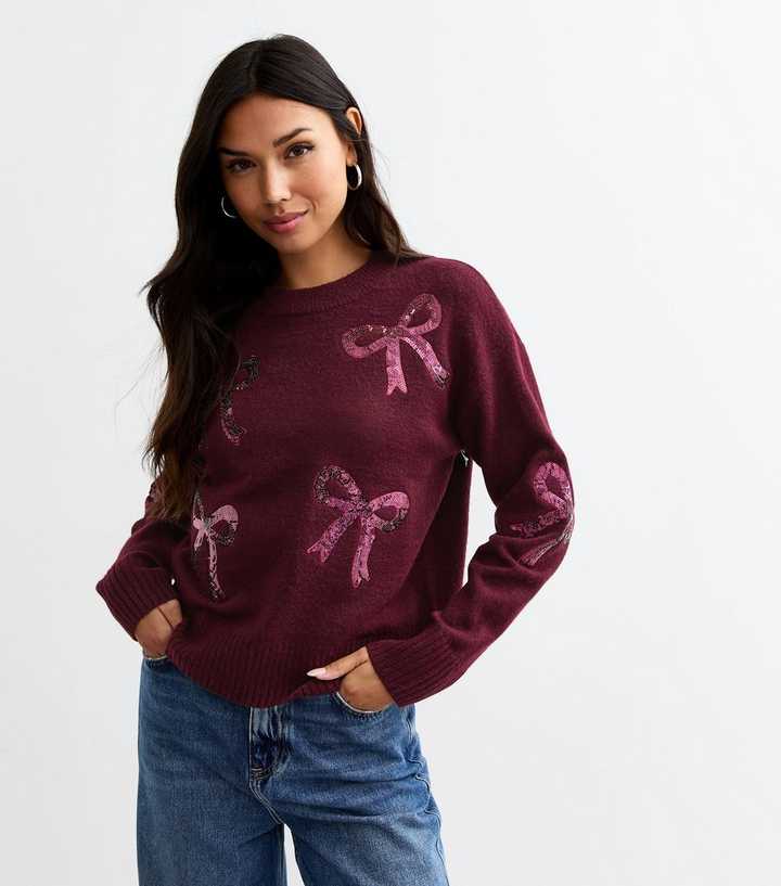 Red Sequin Bow Embellished Jumper | New Look