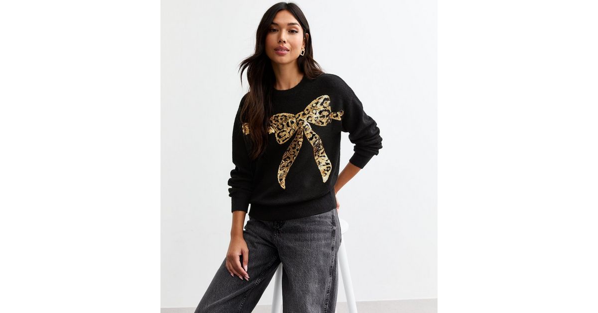 Black Christmas Leopard Bow Embellished Jumper | New Look