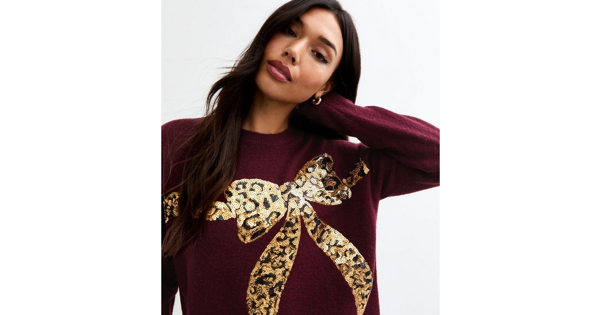 Red Christmas Leopard Bow Embellished Jumper | New Look