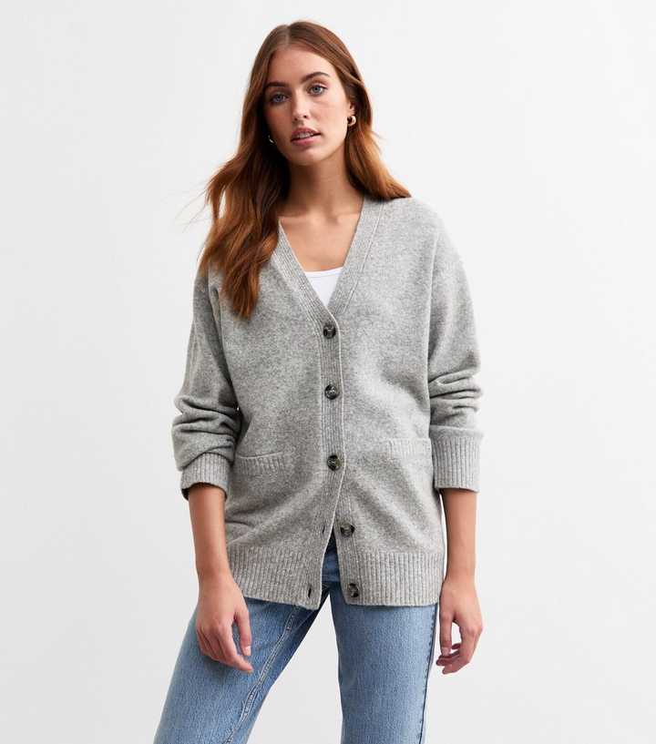 Tall Grey Knit Button Up Cardigan | New Look