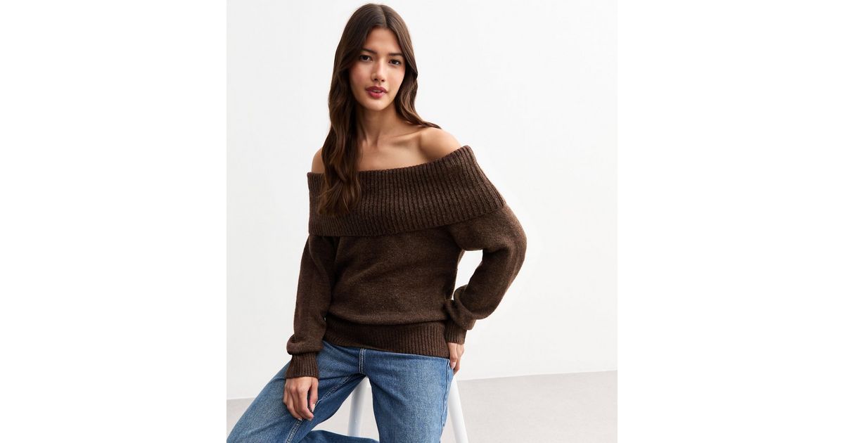 Brown Knit Foldover Bardot Jumper | New Look