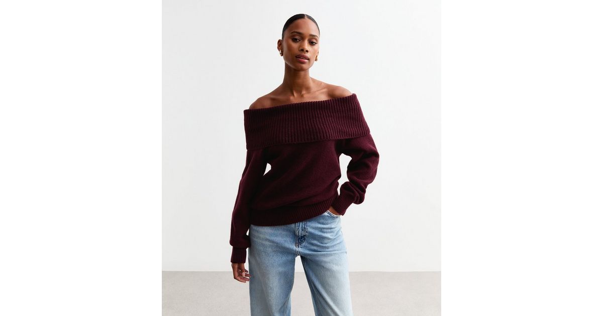 Burgundy Knit Foldover Bardot Jumper | New Look