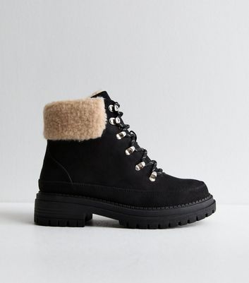 Wide Fit Black Borg Trim Lace Up Ankle Boots | New Look