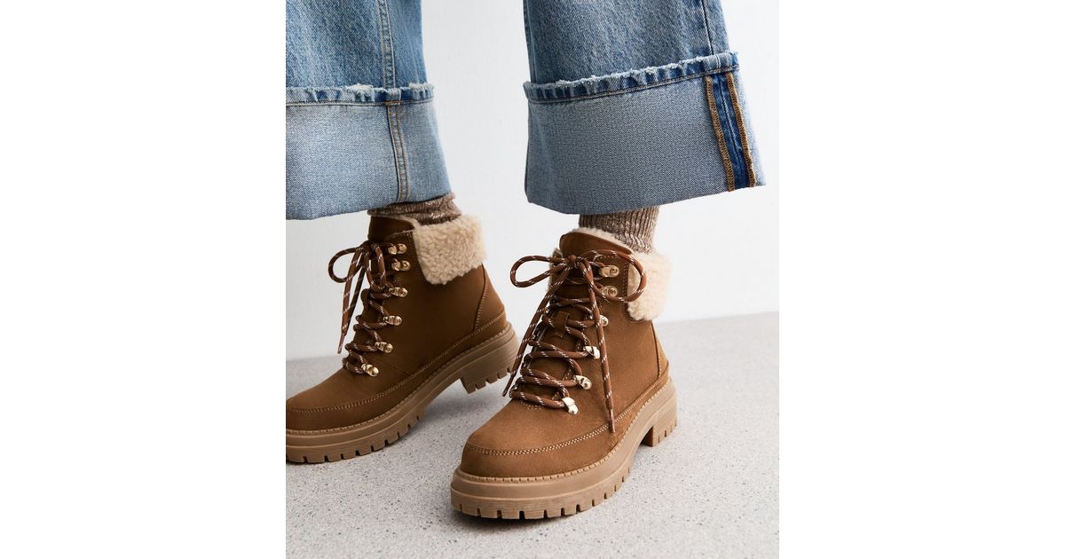 Wide Fit Tan Borg Trim Lace Up Ankle Boots | New Look