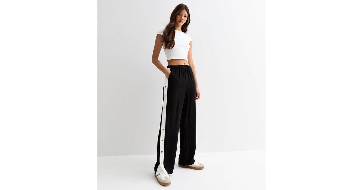 Black Popper Side Wide Leg Trousers | New Look