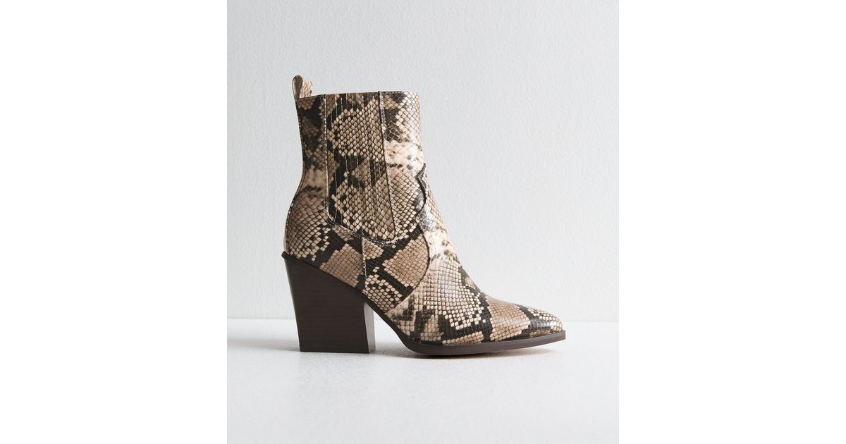 Brown Snakeskin Leather Look High Ankle Boots | New Look