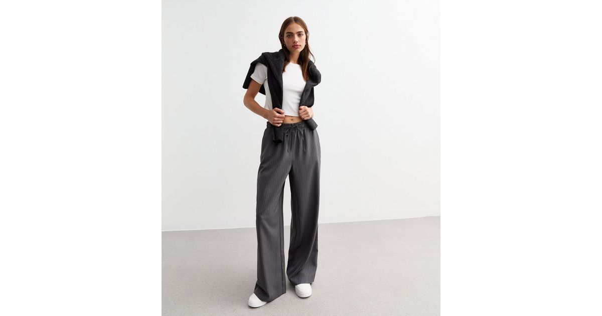 Light Grey Pinstripe Drawstring Wide Leg Trousers | New Look