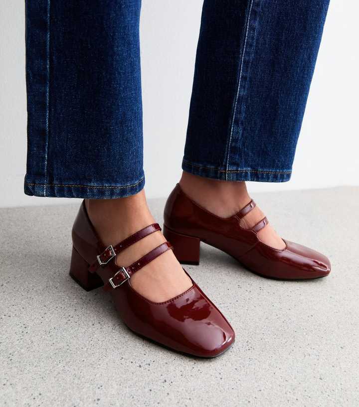 Burgundy Patent Leather-Look Heeled Mary Jane Shoes | New Look