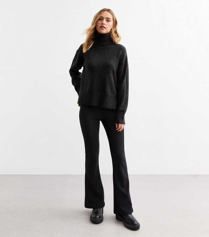 Black Ribbed Flared Trousers | New Look