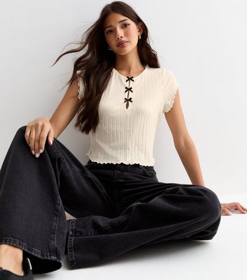 Off White Ribbed Bow Detail Top | New Look