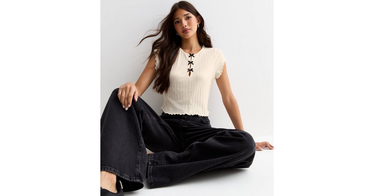 Off White Ribbed Bow Detail Top | New Look