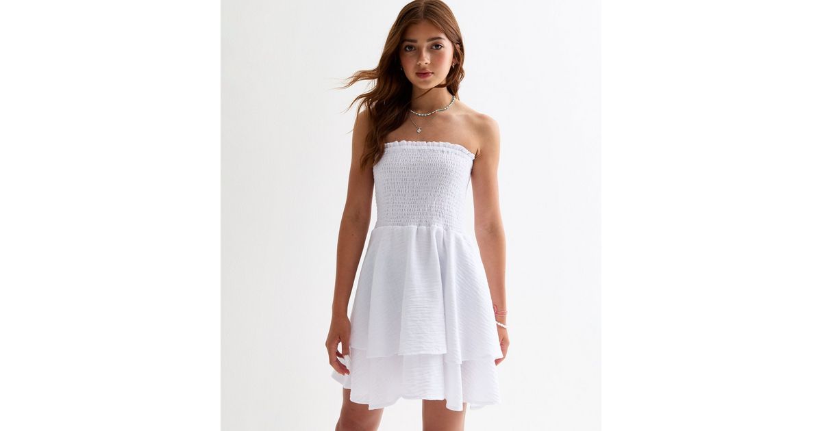 Girls White Shirred Strapless Rara Dress | New Look