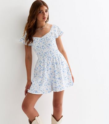 Girls White Shirred Floral Playsuit | New Look