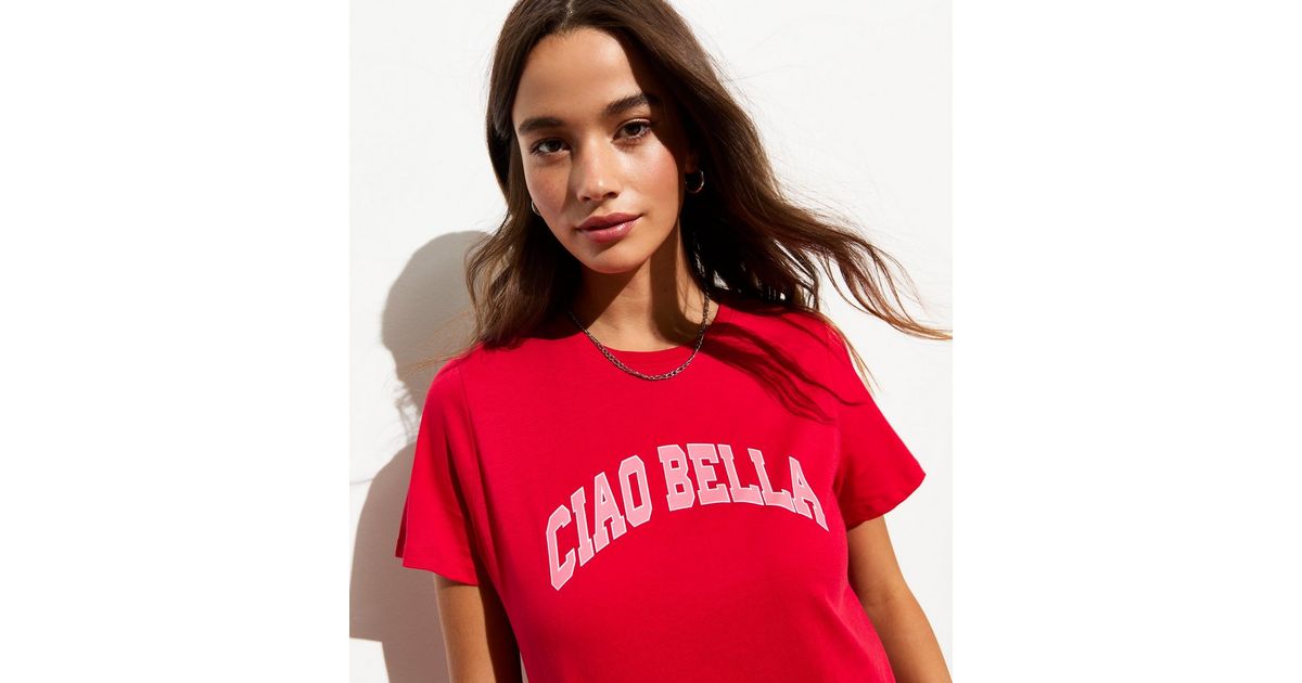 Red Cotton Ciao Bella-Print T-Shirt | New Look